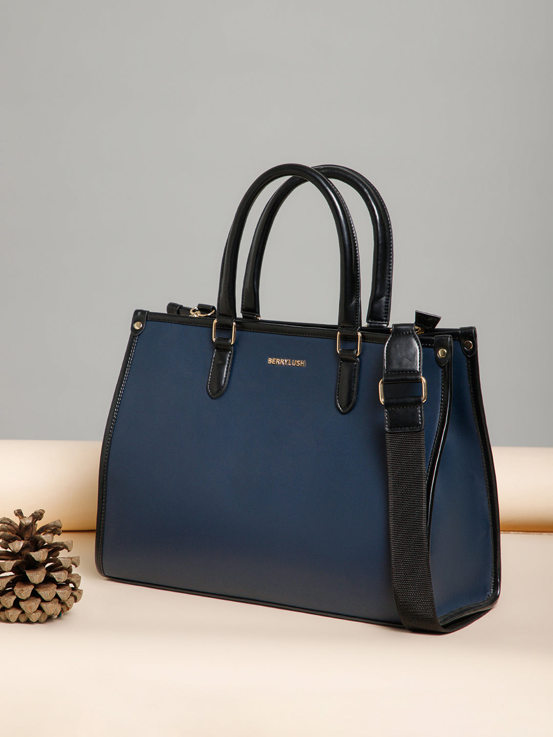 Berrylush Women Navy Blue Solid Two Handles With Detachable Sling Strap ...