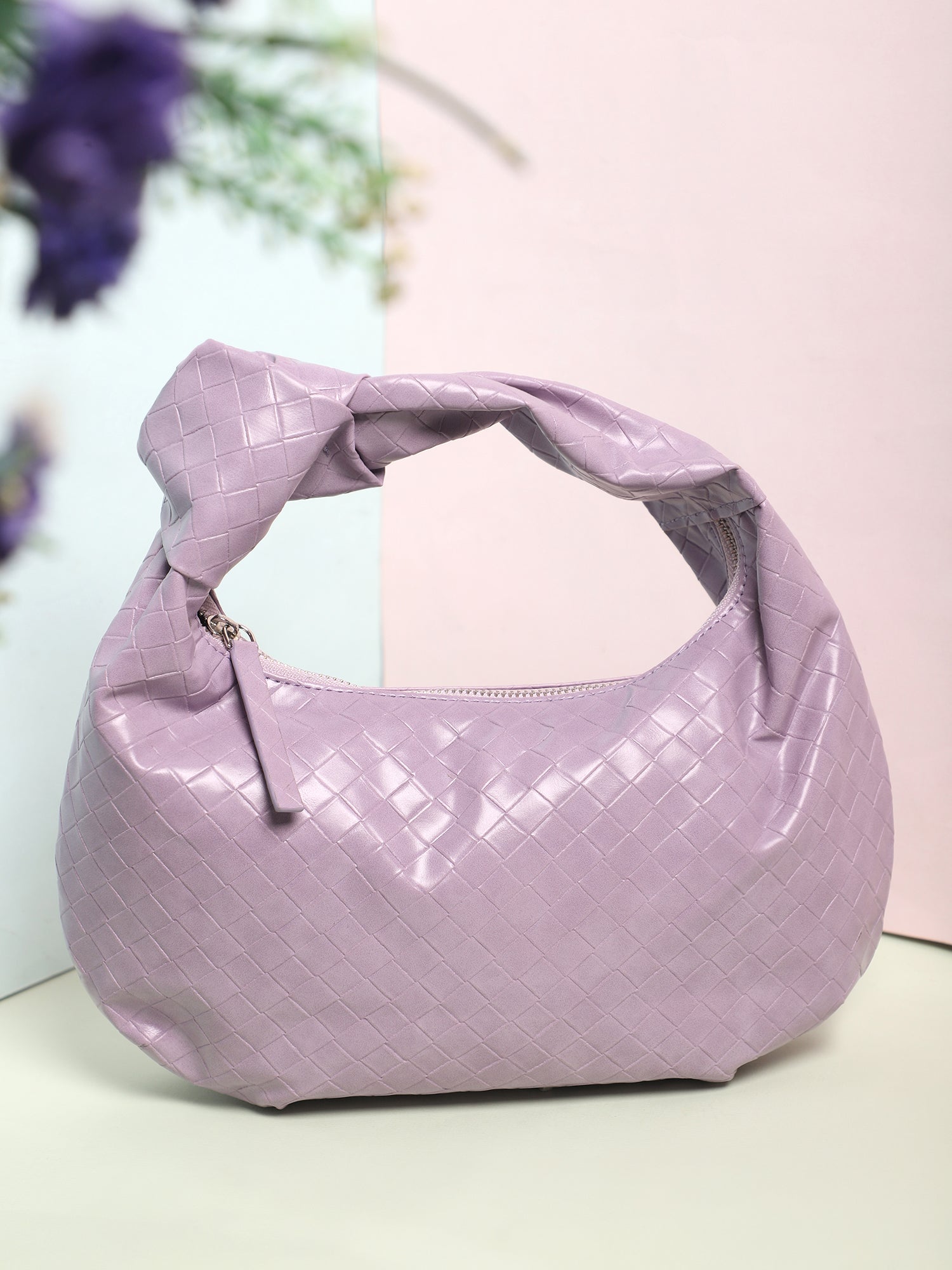 Women Purple Textured Pattern Half Moon One Handle Knotted Regular ...