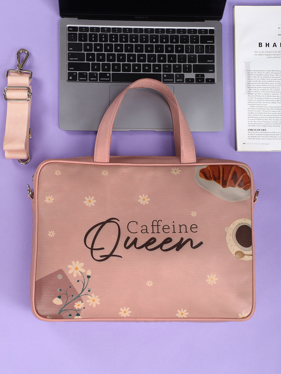 Women Pink & Black Floral Typography Printed PU Detachable Sling Strap Regular Laptop Bag ...