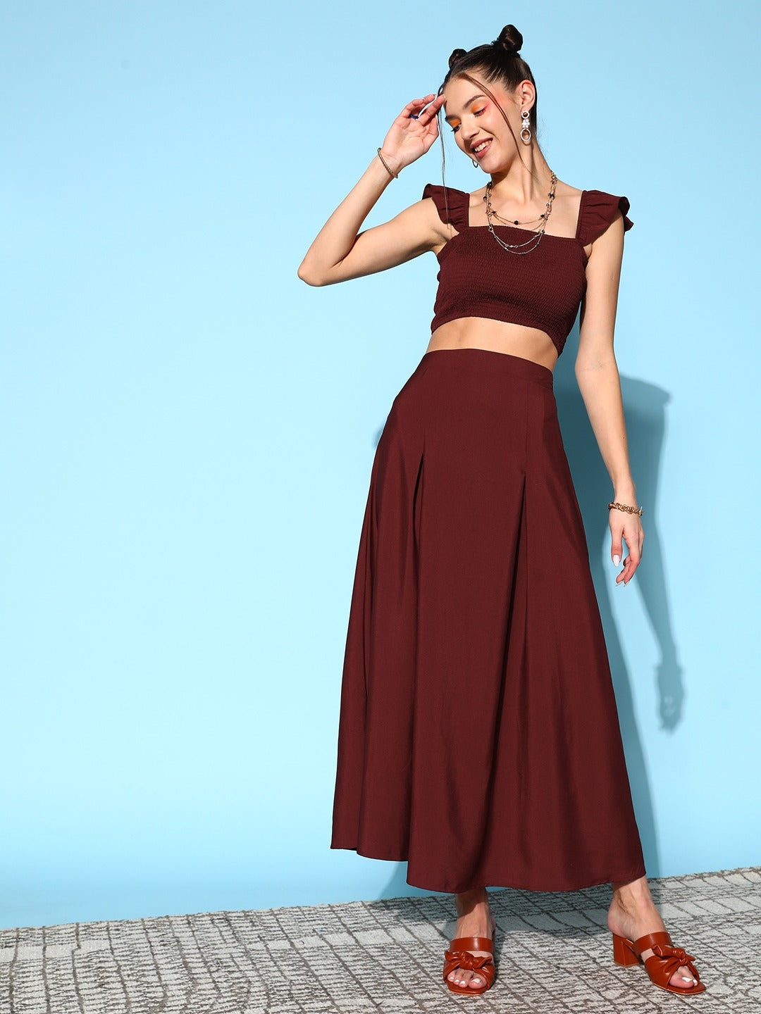 Women Solid Maroon Square Neck Smocked Crop Top & Thigh-High Slit Maxi ...