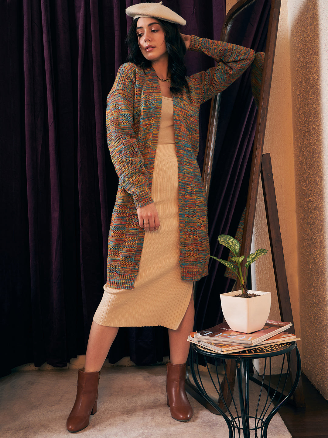 Women Multicolour Striped Pattern Open-Front Neck Drop-Shoulder Sleeves ...