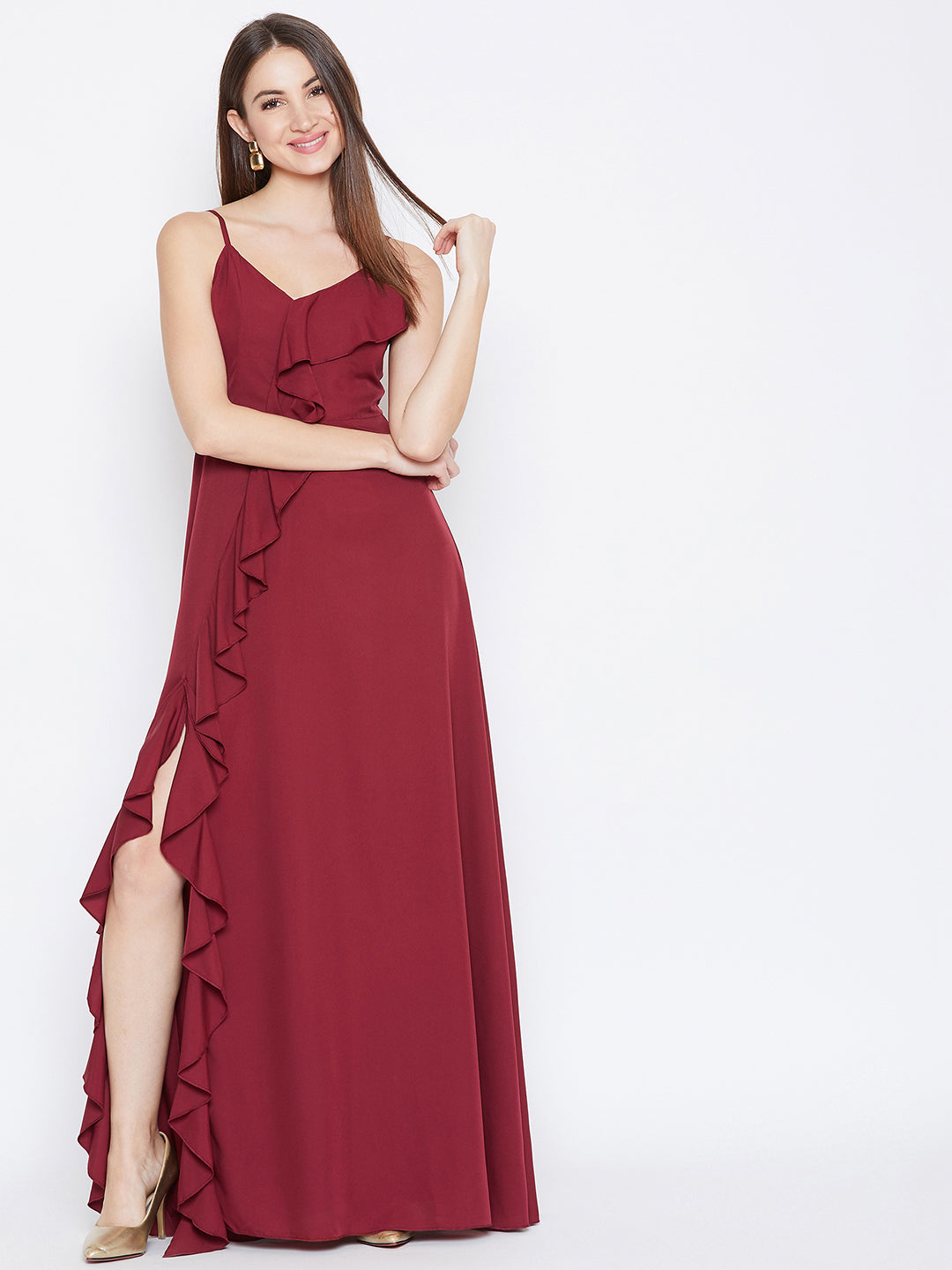 Berrylush Women Solid Maroon V-Neck Sleeveless Crepe Ruffled Maxi Dres