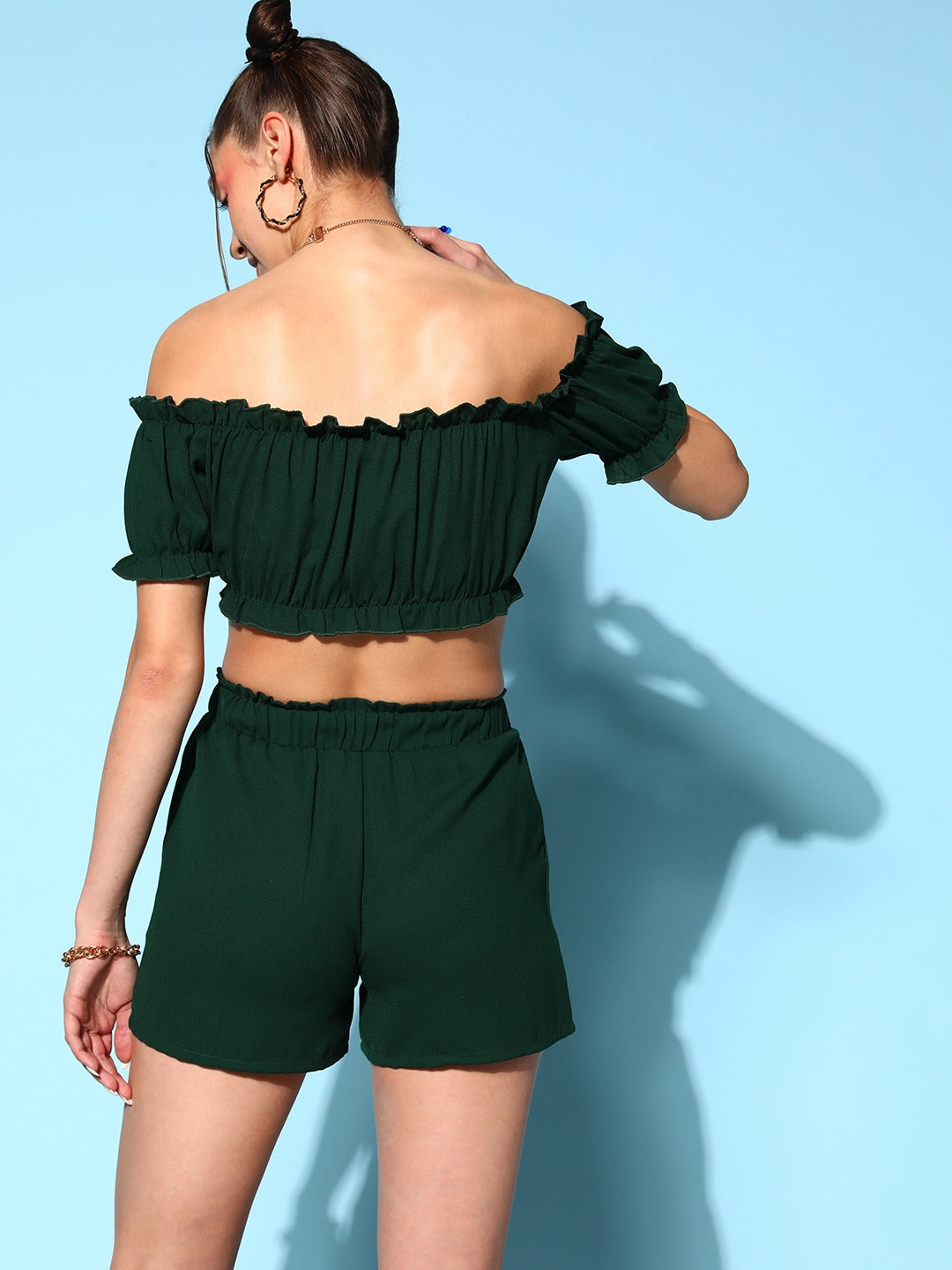 Women Solid Green Off-Shoulder Neck Crop Top & Mini Shorts Co-Ord Set ...