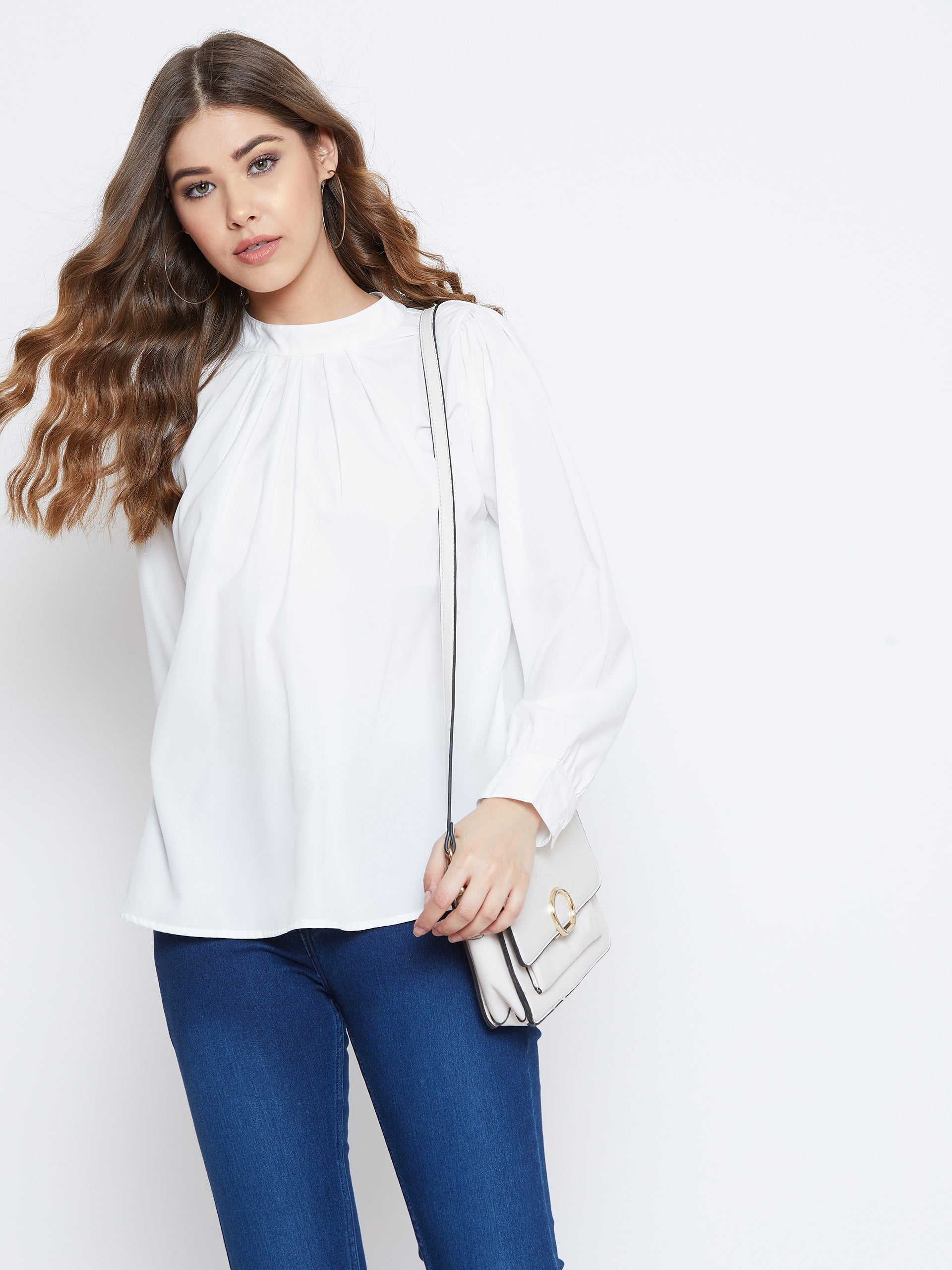 Women Solid White High-Neck Pleated Top - Berrylush