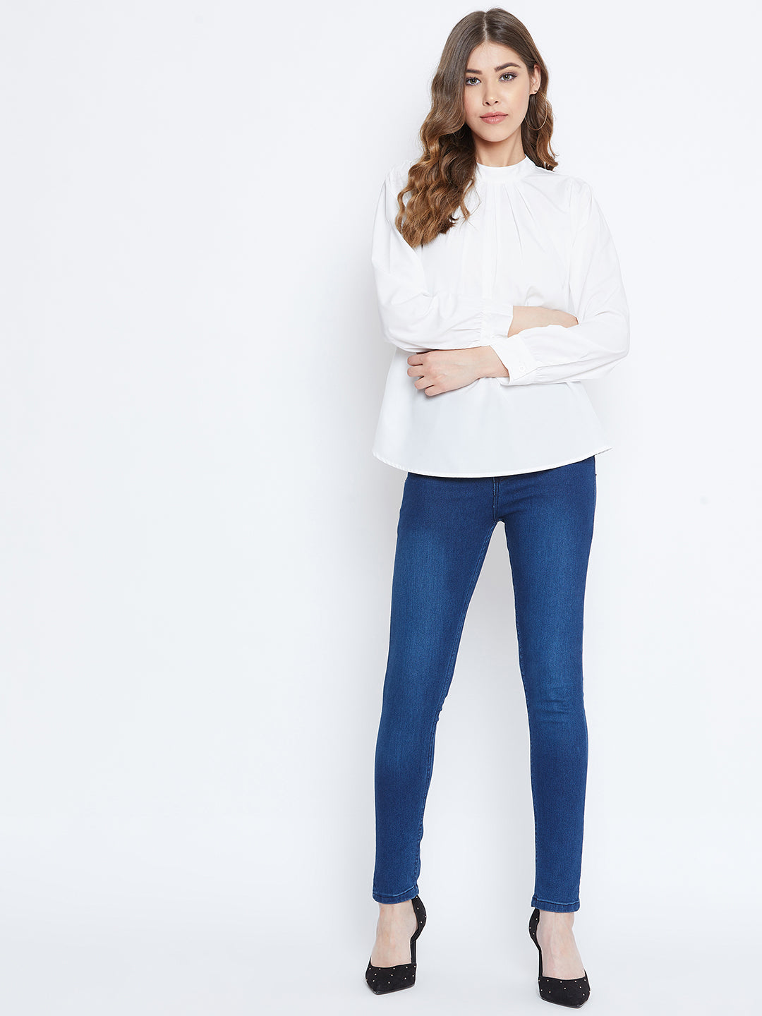 Women Solid White High-Neck Pleated Top - Berrylush